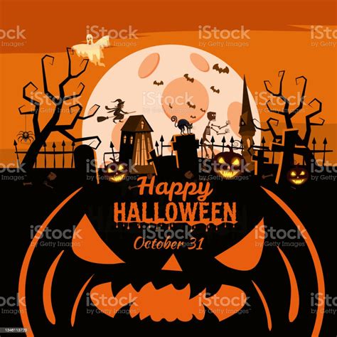 해피 할로윈 포스터 무서운 미소 호박 밤 묘지 유령의 집 유령 마녀 검은 고양이 보름달 벡터 일러스트 만화 스타일 배너 10월에 대한 스톡 벡터 아트 및 기타 이미지