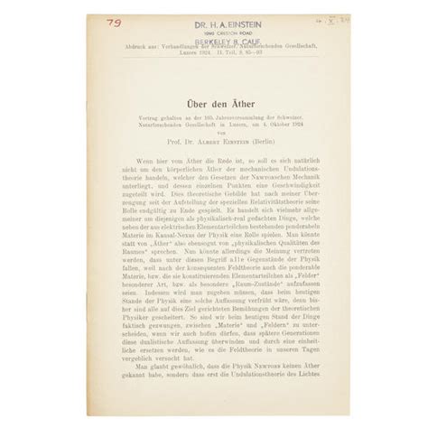 Bonhams Hans Albert Einstein Copy Einstein On The Aether Einstein Albert 1879 1955 Über