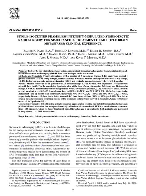 Pdf Single Isocenter Frameless Intensity Modulated Stereotactic