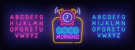 좋은 아침 네온 사인 밝은 간판 빛 배너입니다 좋은 아침 로고입니다 네온 사인 크리에이터 네온 텍스트 편집 디자인 서식 파일입니다 벡터 일러스트 시간에 대한 스톡 벡터 아트