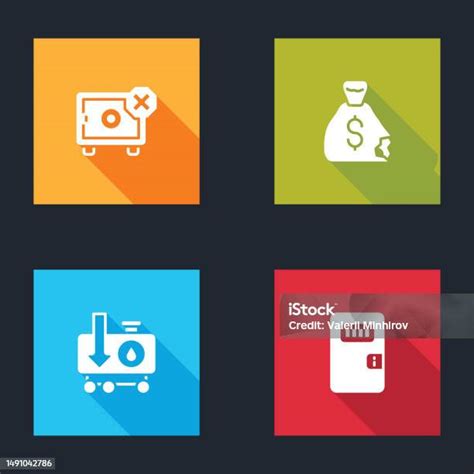 Set Safe Money Bag Drop In Crude Oil Price And Prison Cell Door Icon