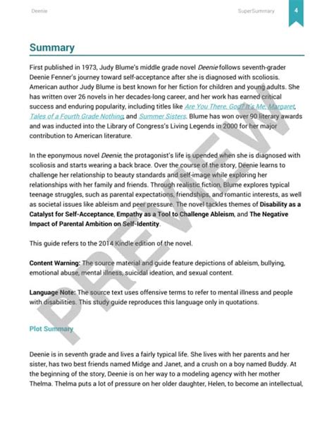 Deenie Literature Guide By Supersummary Tpt