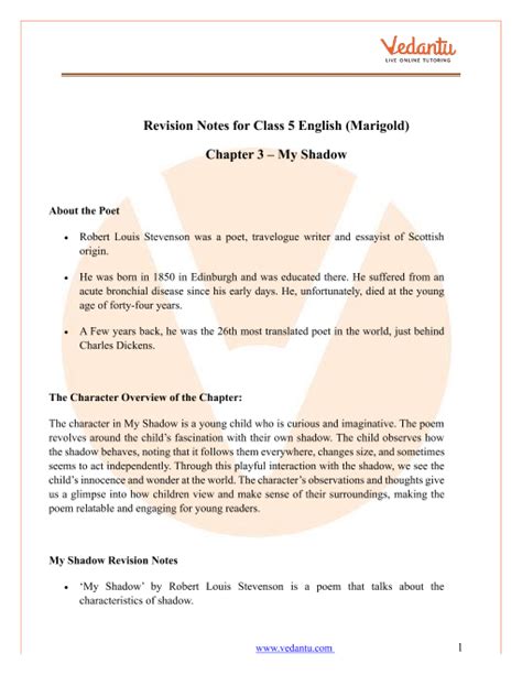 My Shadow Class 5 Notes Cbse English Chapter 3 Pdf