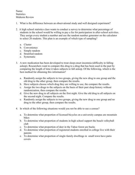 Statistics Midterm Review Practice Questions And Problems