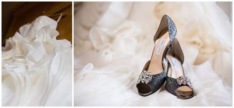 Close Ups Of A Wedding Dress And Sparkly Silver Heels At A Lake