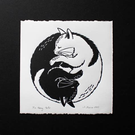 Yin Yang Cats Lino Print Hand Printed Relief Art 65 X 65 Inches Etsy