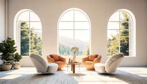 Premium Photo Modern White Living Room With Arched Windows And Chairs