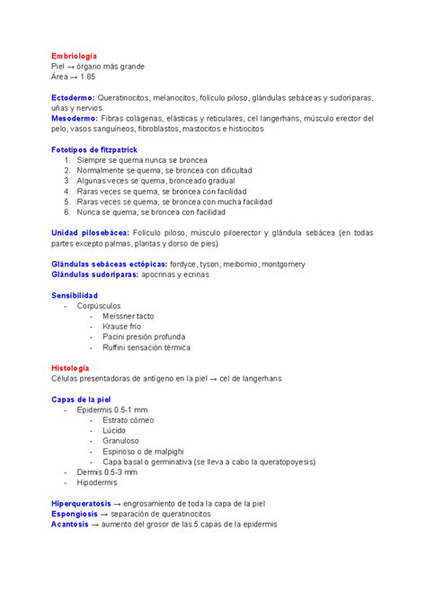 Resumen Dermatología Embriología Piel → órgano Más Grande Área → 1 Ectodermo Queratinocitos