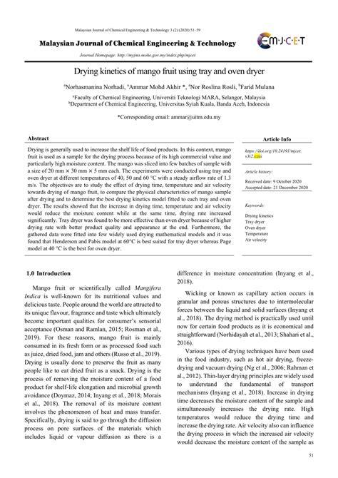 Pdf Drying Kinetics Of Mango Fruit Using Tray And Oven Dryer