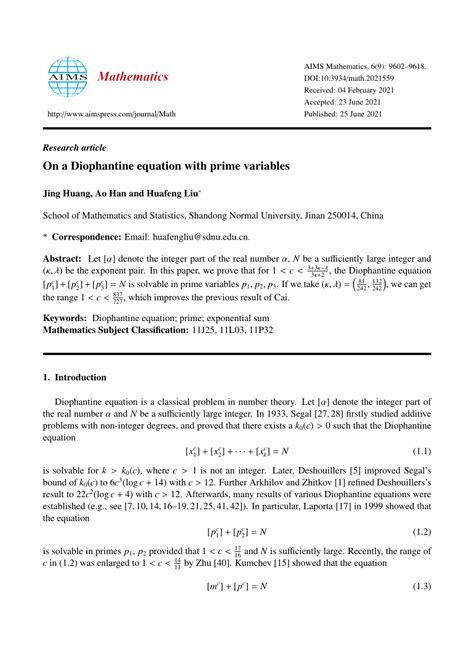Pdf On A Diophantine Equation With Prime Variables
