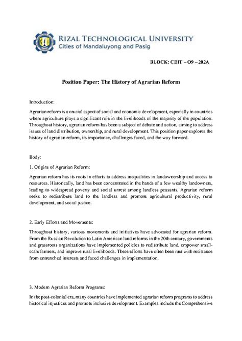 Rph Positionpaper Rph Position Paper Agrarian Reform Block Ceit