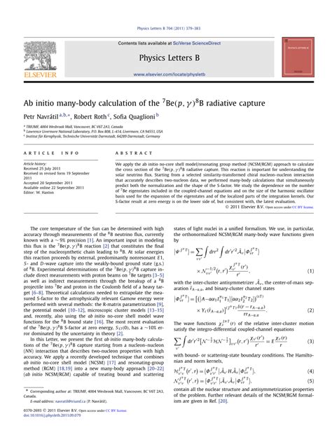 Pdf Ab Initio Many Body Calculation Of The Be 7 P γ B 8 Radiative Capture
