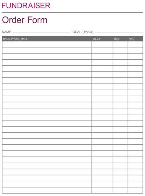 Printable Blank Fundraiser Order Form Template
