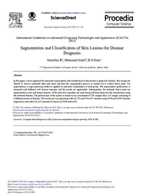 Pdf Segmentation And Classification Of Skin Lesions For Disease Diagnosis