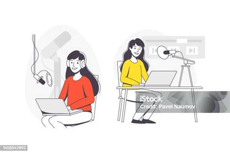 마이크 방송 및 라이브 스트리밍 개요 벡터 세트를 가진 젊은 여성과 함께하는 팟캐스트 녹음 공중에 대한 스톡 벡터 아트 및 기타 이미지 공중 노트북 노트북 사용하기
