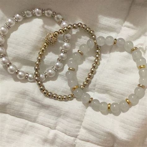 Three 3 Braclets White Beads Bracelet White Bracelets Beaded Bracelets