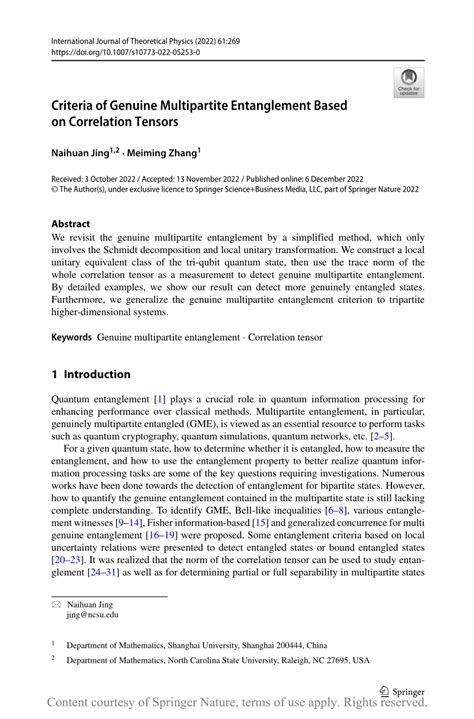 Criteria Of Genuine Multipartite Entanglement Based On Correlation Tensors Request Pdf