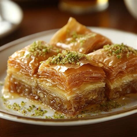 A Plate Of Middle Eastern Baklava With Layers Of Flaky Pastry And Honey