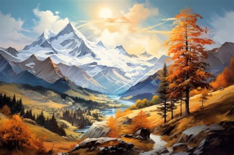 Premium Photo A Painting Of A Mountain Scene With A Stream