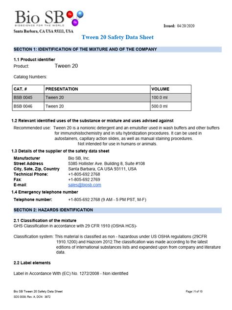 Sds 0039 Rev A Tween 20 Data Sheet Pdf Personal Protective