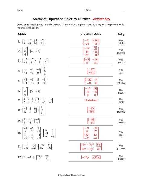 Matrix Multiplication Color By Number 4 Funrithmetic