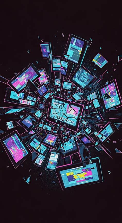 Futuristic Digital Devices Explosion Abstract Tech Visual With Neon Colors Stock Illustration