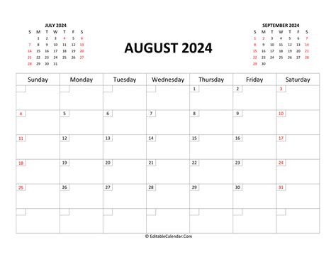 Download Fillable Calendar August 2024 With Holidays Pdf Version