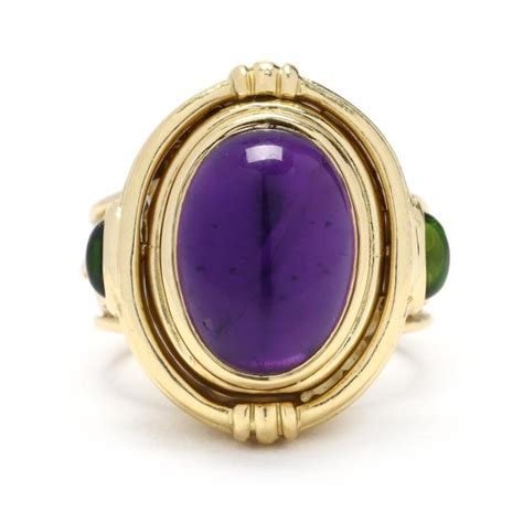 Classical Style Gold Amethyst And Green Tourmaline Reversible Ring