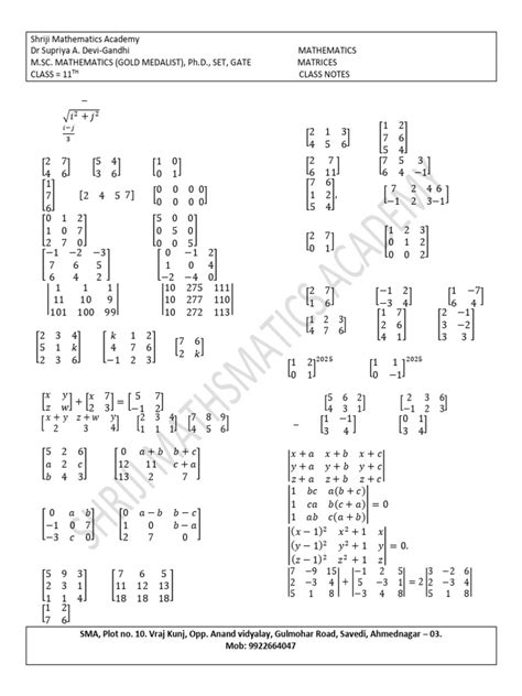 Matrices Std 11 Notes Pdf Algebra Mathematics