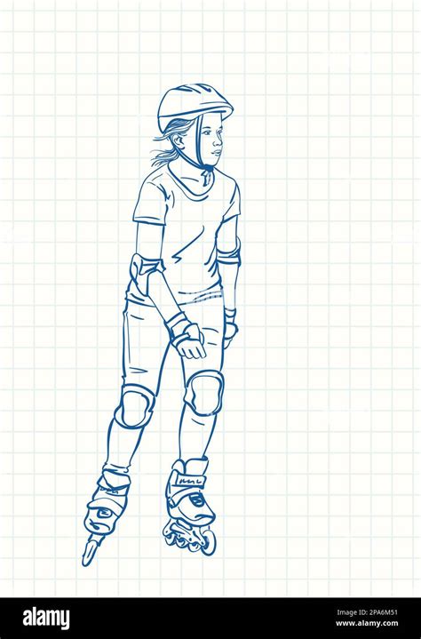 Teenage Girl On Rollers Skating Blue Pen Sketch On Square Grid