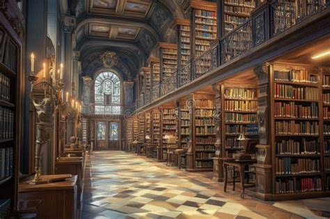 Historic Library Interior With Wooden Shelves Filled With Books And