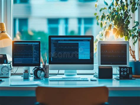 Indoor Workspace With Three Computer Monitors Displaying Financial Data