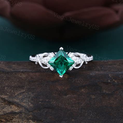 Princess Cut Emerald Engagement Ring White Gold Moissanite Ring Dainty