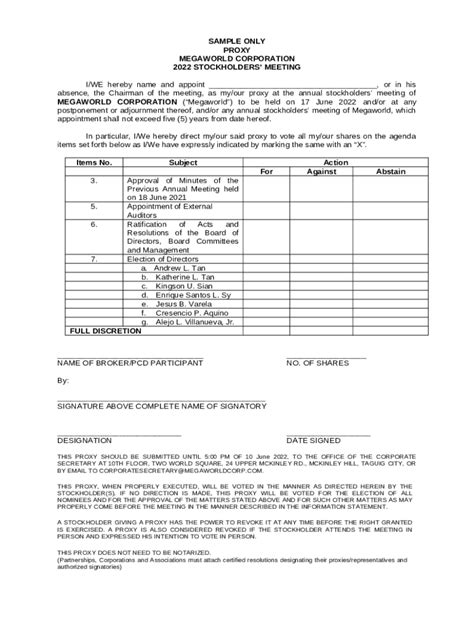 Meg Sample Proxy For Asm 2022 Corporate Doc Template Pdffiller