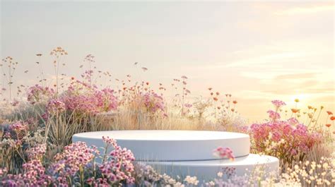 A Natural Beauty Podium Backdrop With A Spring Flower Field 3d