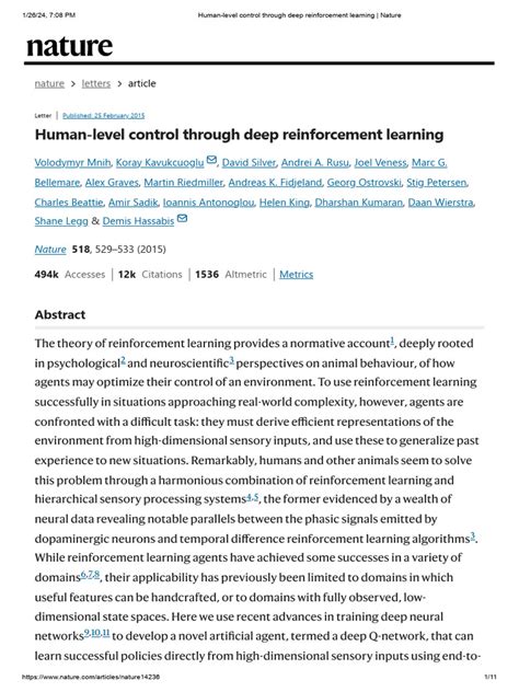 Human Level Control Through Deep Reinforcement Learning Nature Pdf Neuroscience Cognition