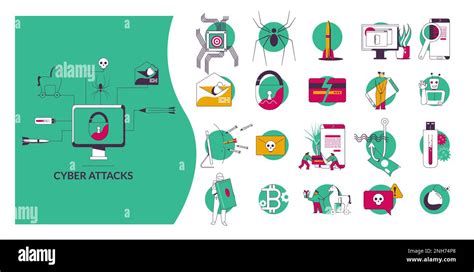 Flat Composition With Icons Of Hacker Activity And Ddos Attacks On