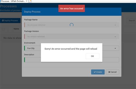 orchestrator deploy processes and view packages error help uipath