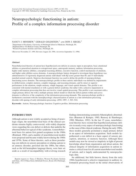Pdf Neuropsychologic Functioning In Autism Profile Of A Complex Information Processing Disorder