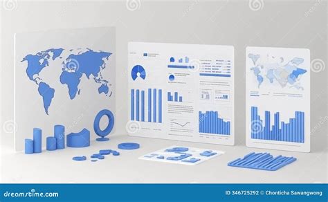 global business analytics data visualization with blue graphs and world map on whiteboard for