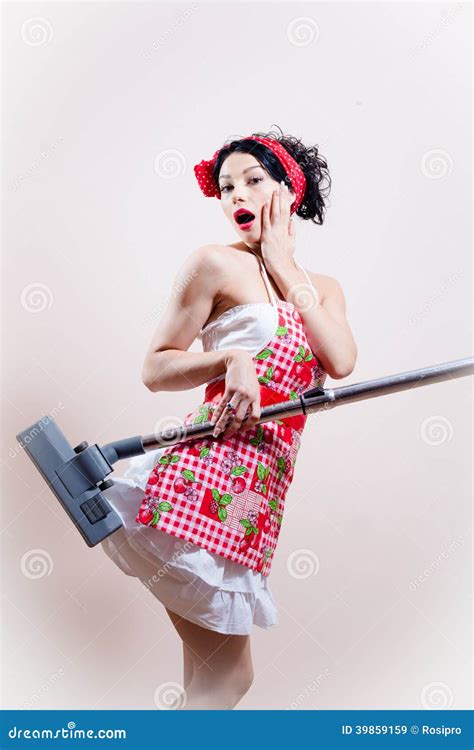 Hungry Vacuum Cleaner Beautiful Funny Housewife Young Woman Wearing Apron And Looking At Camera