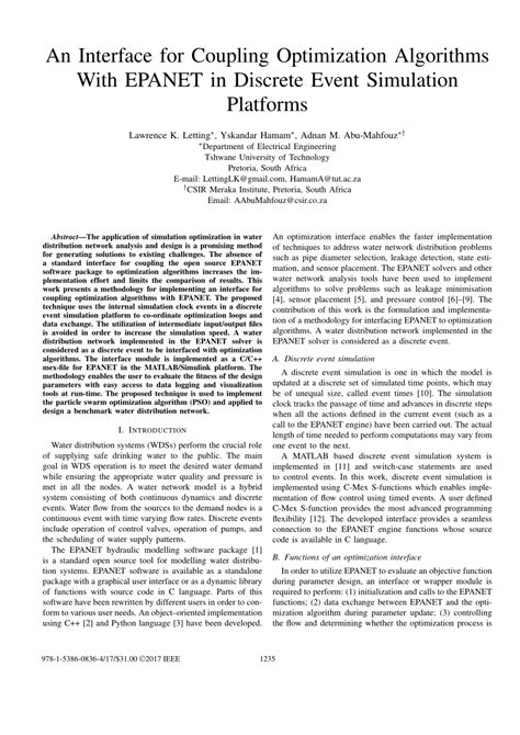 Pdf An Interface For Coupling Optimization Algorithms With Epanet In