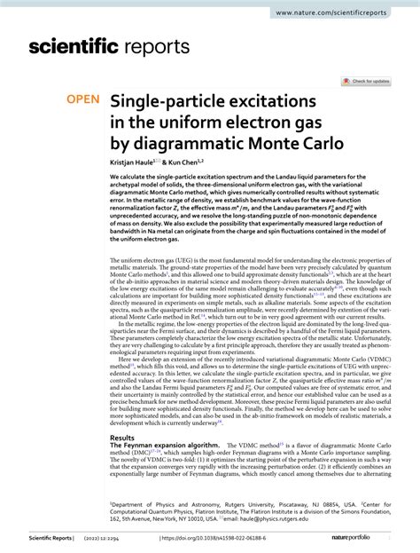 Pdf Single Particle Excitations In The Uniform Electron Gas By Diagrammatic Monte Carlo