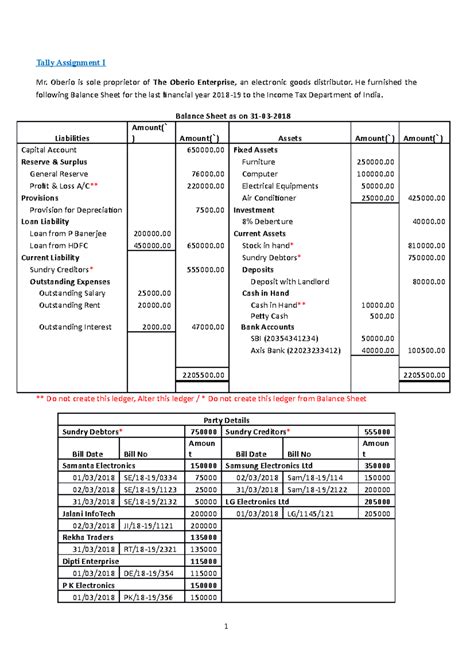 Tally Practical Tally Assignment I Mr Oberio Is Sole Proprietor Of