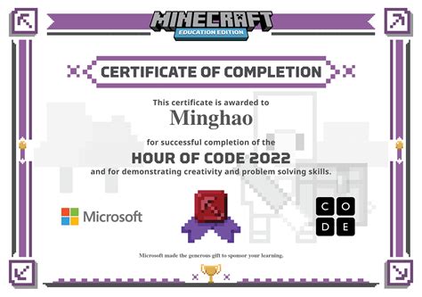 Certificate For Completion Of One Hour Of Code