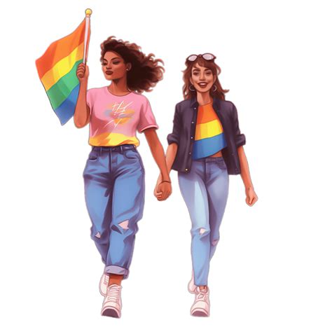 Two Girls One Hold Rainbow Flag And One Wear Rainbow Tee Shirt Full