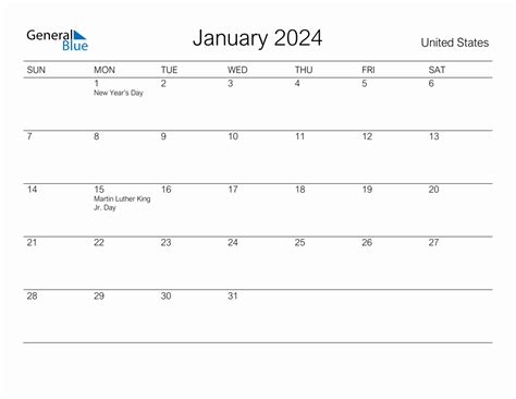 Printable January 2024 Monthly Calendar With Holidays For United States