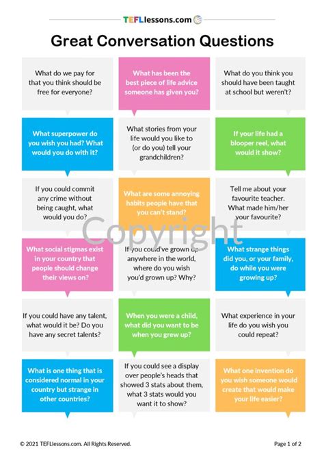 Great Conversation Questions Tefl Lessons Esl