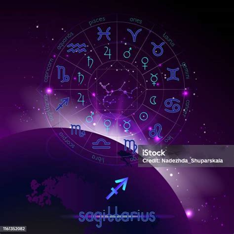 공간 배경에 대한 점성술 그림과 기호와 별자리 Sagittarius와 별자리 원의 벡터 그림 점성술 기호에 대한 스톡 벡터 아트 및 기타 이미지 Istock
