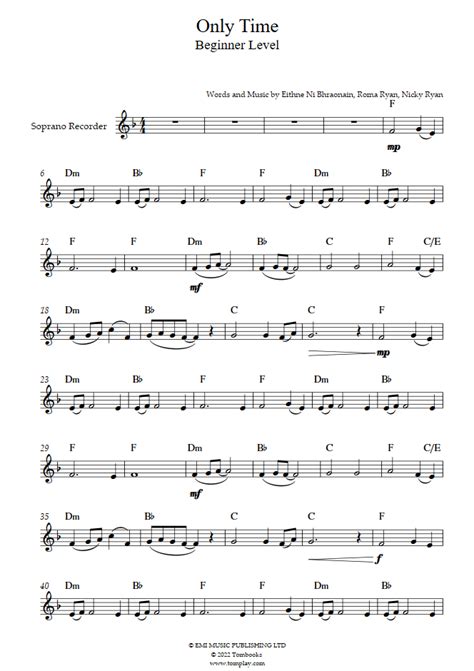 Only Time Beginner Level Soprano Recorder Enya Recorder Sheet Music